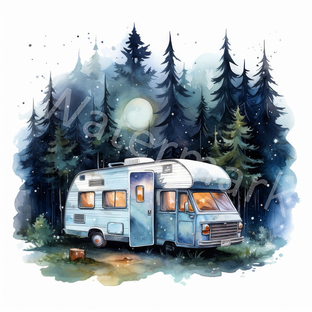 Watercolor Camping Clipart: Forest Tent & Camper Designs (digital ...