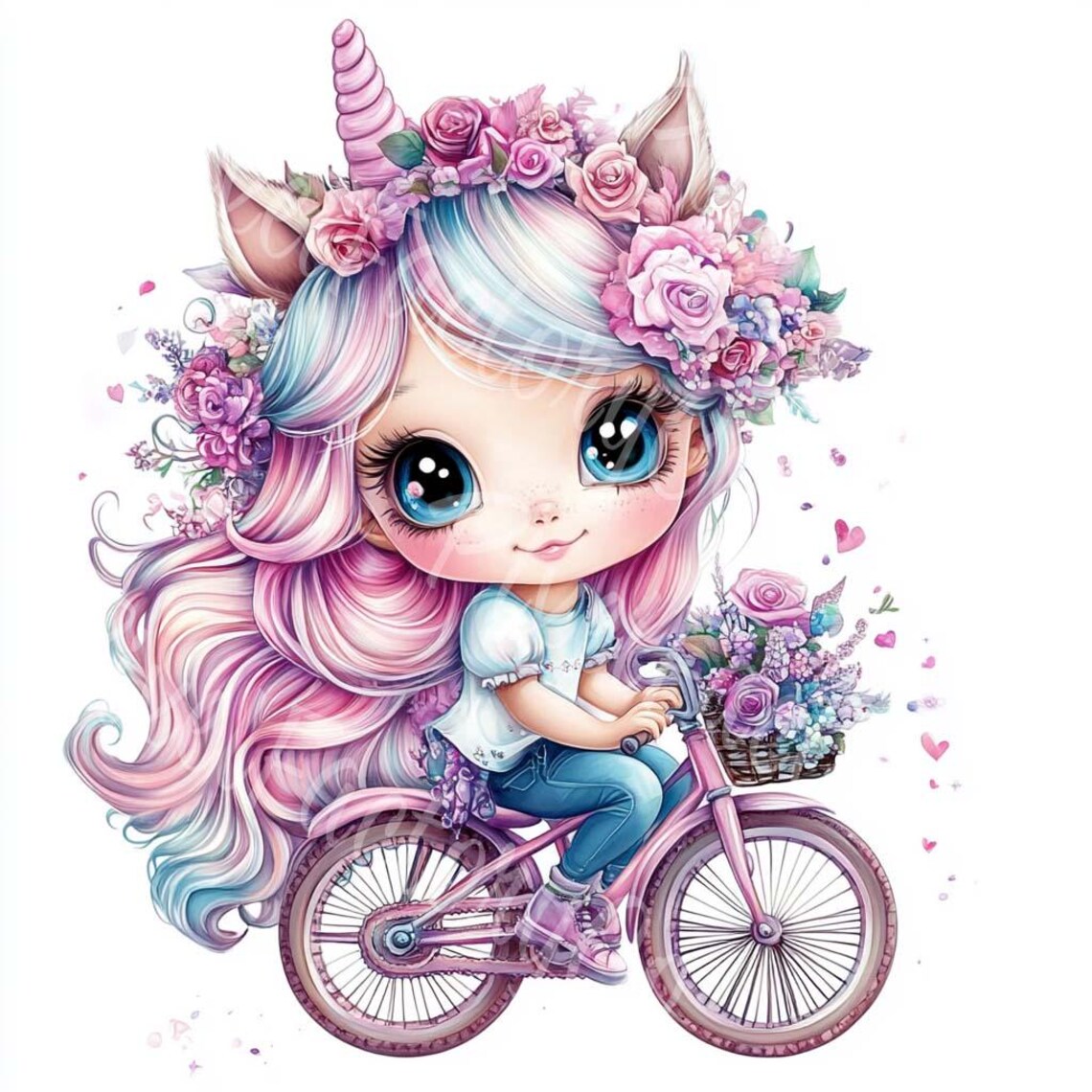 Pastel Unicorn Girl Clipart: Bicycle Flowers, Nursery Art (digital JPG ...