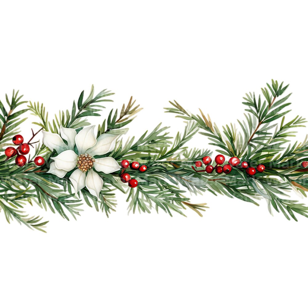 Watercolor Christmas Border Clipart: Mistletoe & Pine (digital Download ...