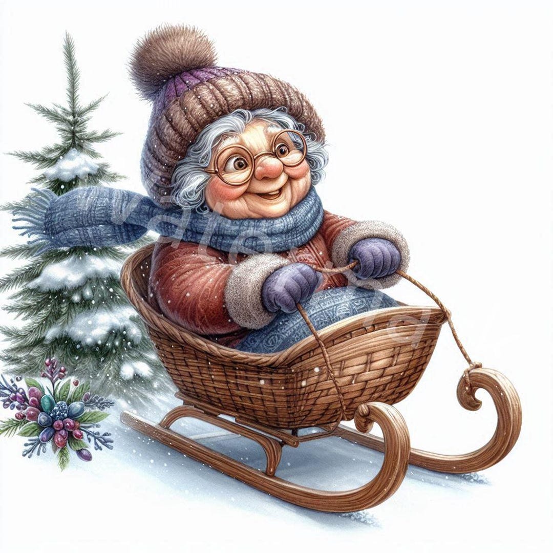 Christmas Funny Old Ladies on Sleigh Clipart, 11 Jpg, Snowman, Grandma ...