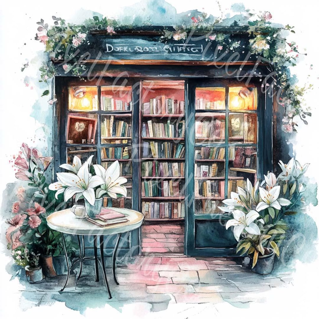 Vintage Bookshop Clipart Digital Download French Bookstore Watercolor ...
