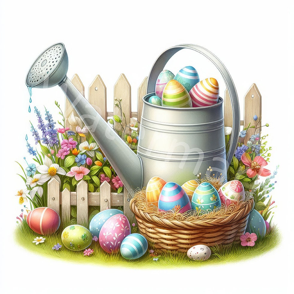 Easter Garden Clipart, 12 JPG, Digital Download, Garden Gate, Bunny and ...