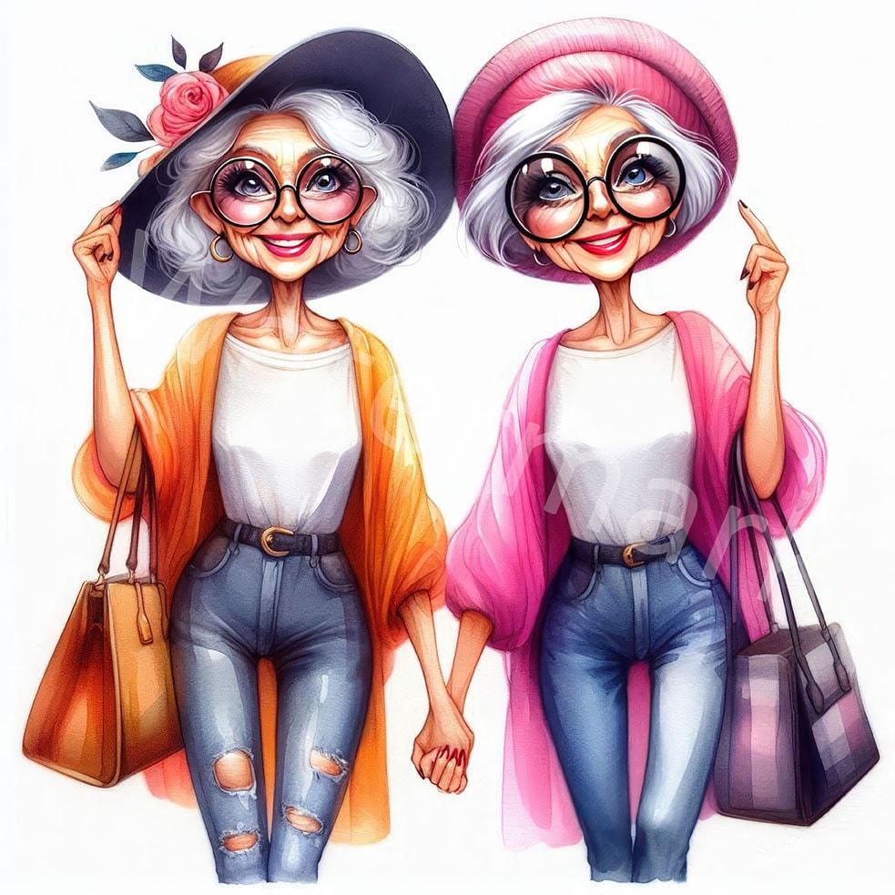 Fashionable Senior Women Clipart: Watercolor Friends Graphics (digital ...