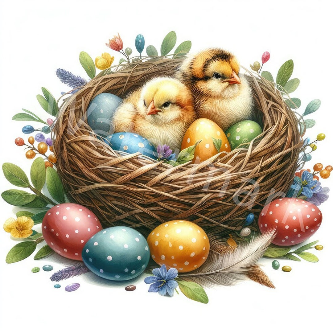 Easter Chicks Clipart: Watercolor Nest With Eggs (digital Download) - Etsy