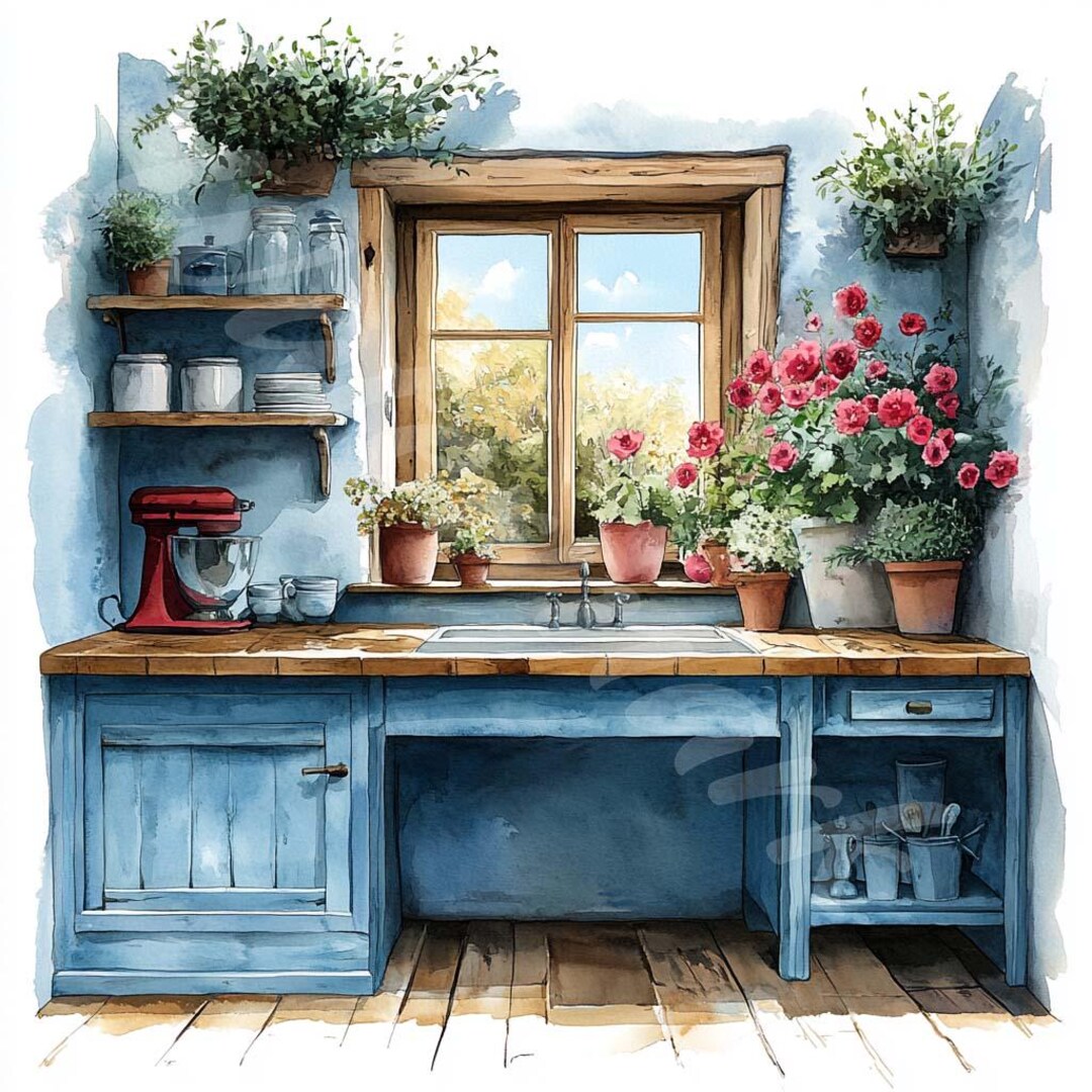 Country Kitchen Clipart, 12 JPG, Vintage Blue Kitchen Country Window ...