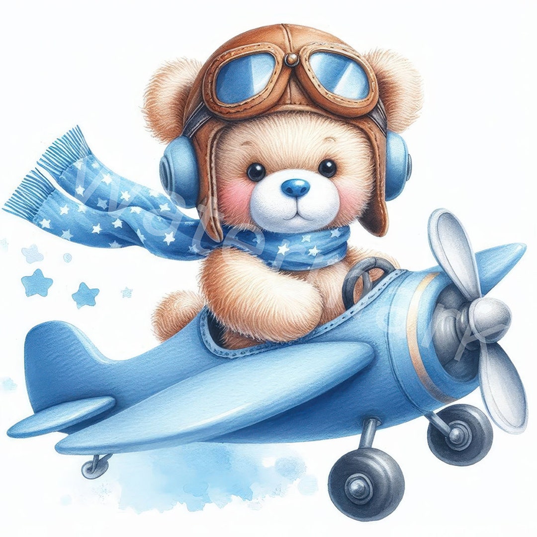 Teddy Bear Airplane Pilot Clipart: Watercolor Baby Graphics (digital ...