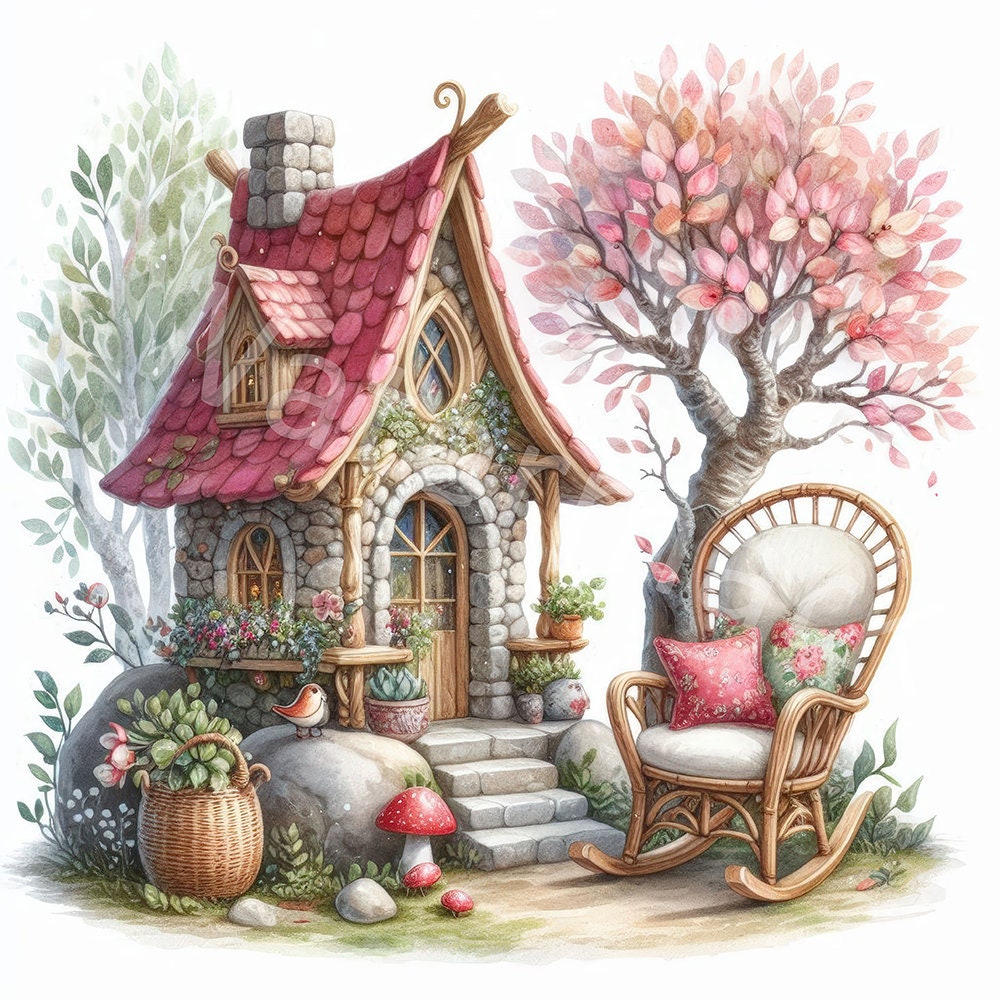 Pink Fairy House Clipart: Watercolor Stone Cottage (digital Download ...