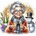 Christmas Old Lady Clipart: Elegant Grandma With Snowman (JPG Digital ...