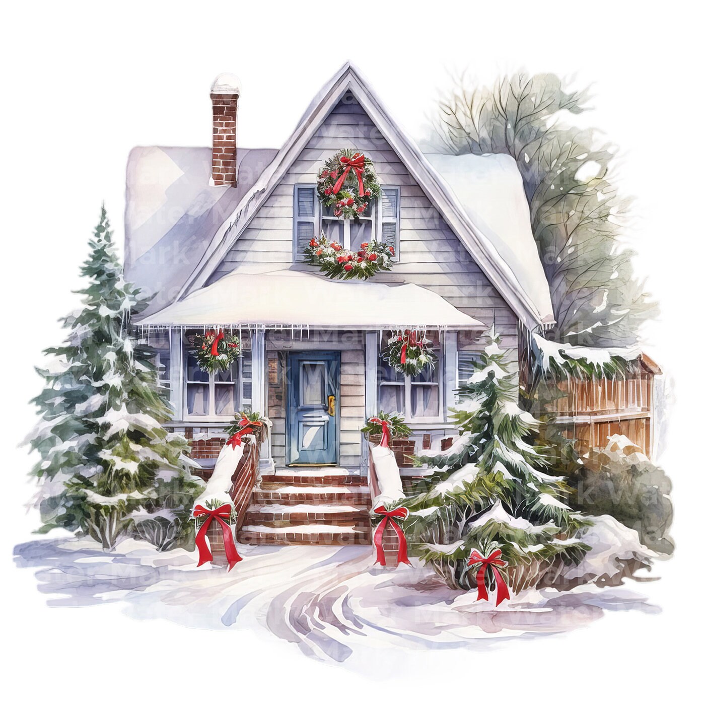 Christmas House Clipart, 9 Jpg, Watercolor Clipart, Christmas Decorated ...