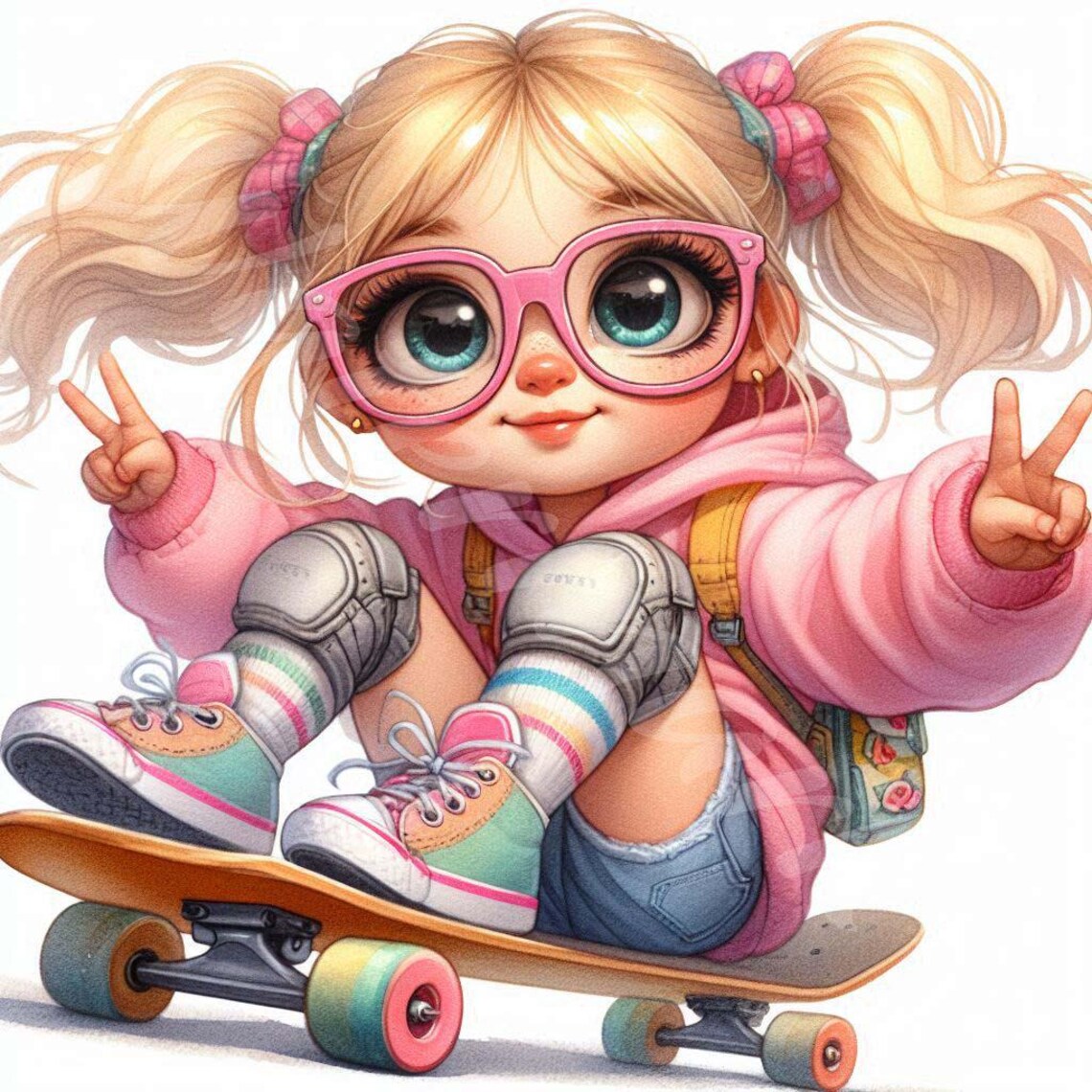 Skateboard Girl Clipart: Watercolor Style, Kids Illustration (digital ...