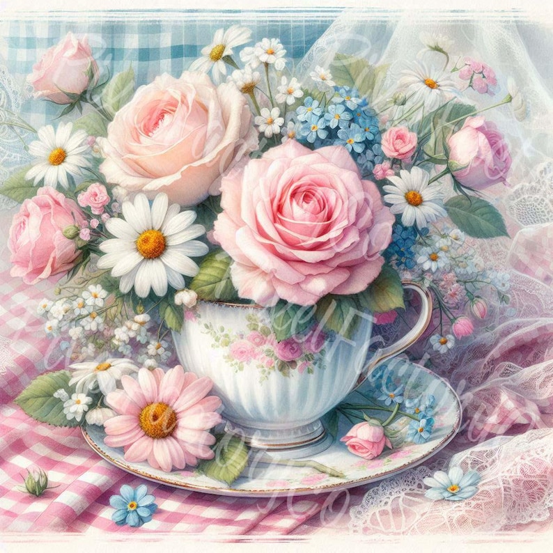 Vintage Rose Teacup Clipart: Shabby Chic Floral Illustration (digital ...