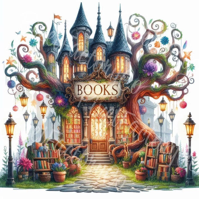 Fairy Tale Bookstore Clipart: Enchanted Library Illustration (JPG ...
