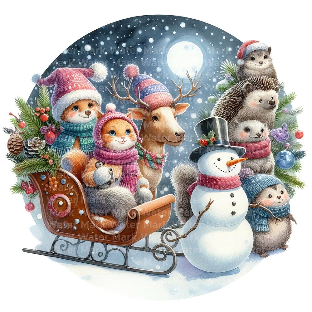 Watercolor Christmas Clipart: Snowman & Animals Pngs (digital Download ...