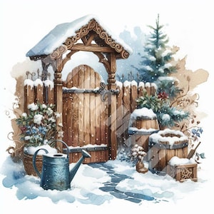 Winter Garden Clipart, 12 JPG, Winter Landscape, Snowy Garden, Digital ...