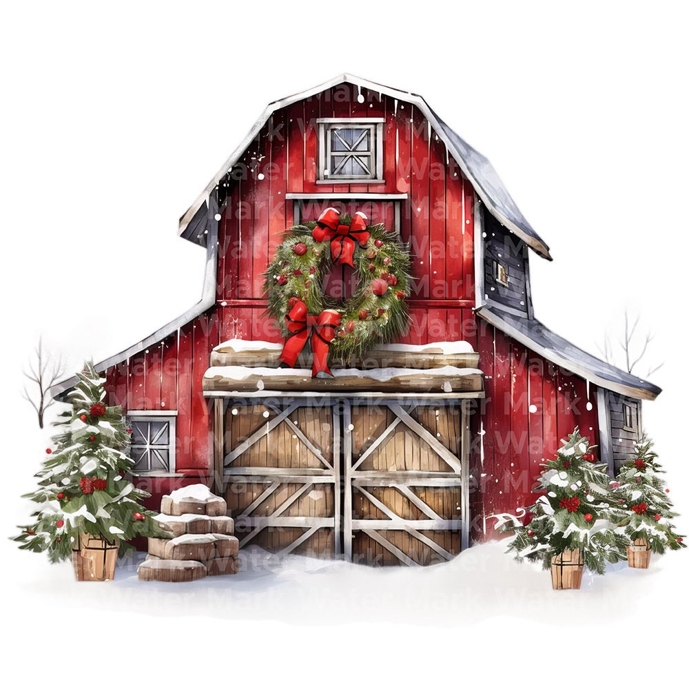 Christmas Barn Watercolor Clipart, 12 JPG, Christmas Clipart, Winter ...