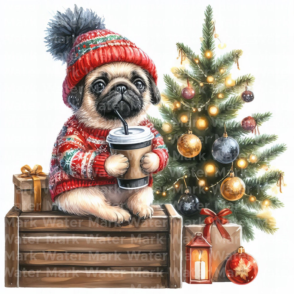 Christmas Dog Pug Clipart 12 Jpg Watercolor Clipart - Etsy