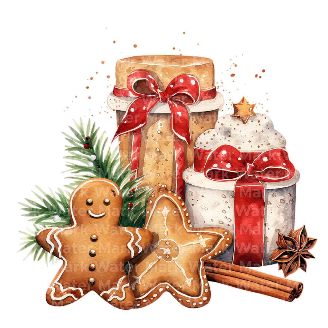 Christmas Gingerbread Clipart, 12 JPG, Watercolor Clipart, Christmas ...