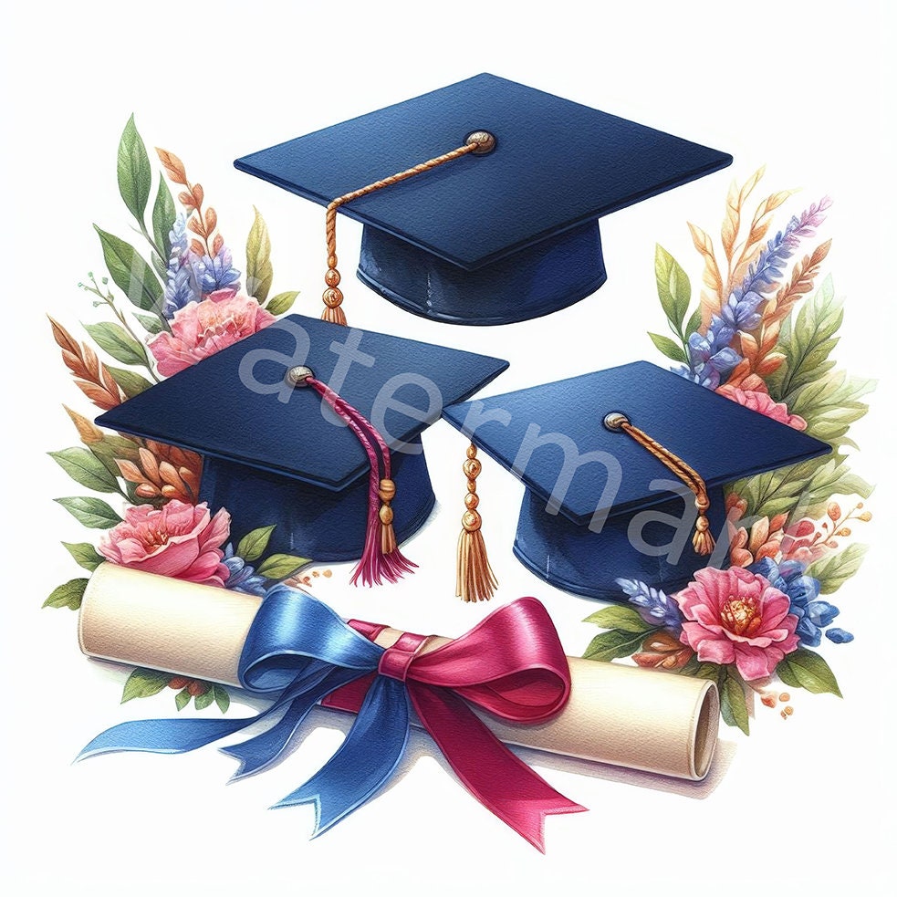 Watercolor Graduation Clipart: Diploma & Biretta Designs (digital ...