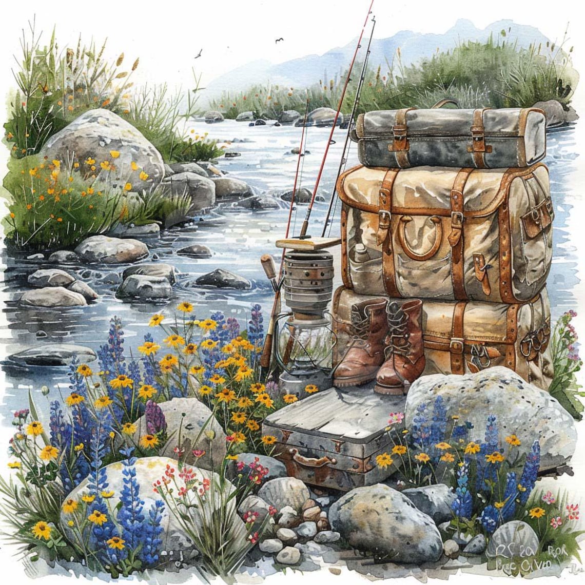 Watercolor Fishing Clipart Set: Rods, Fish, & Gear (JPG Digital ...