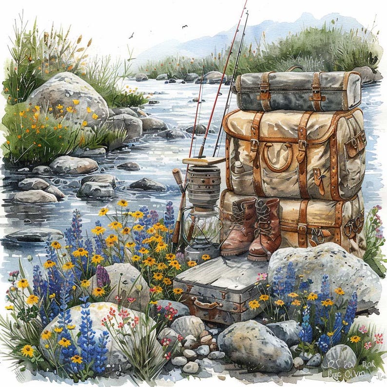Watercolor Fishing Clipart Set: Rods, Fish, & Gear (JPG Digital ...