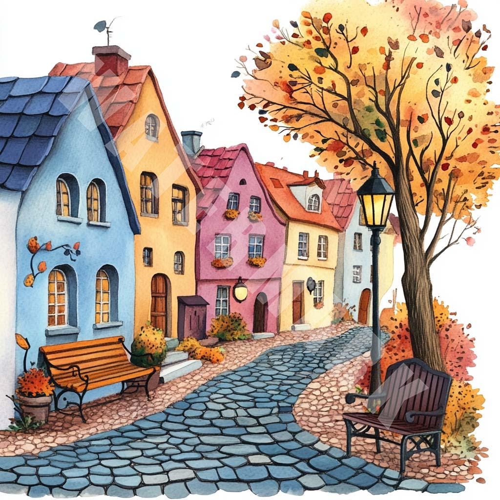 Autumn Street Watercolor Clipart: Fall City Landscape (digital Download ...