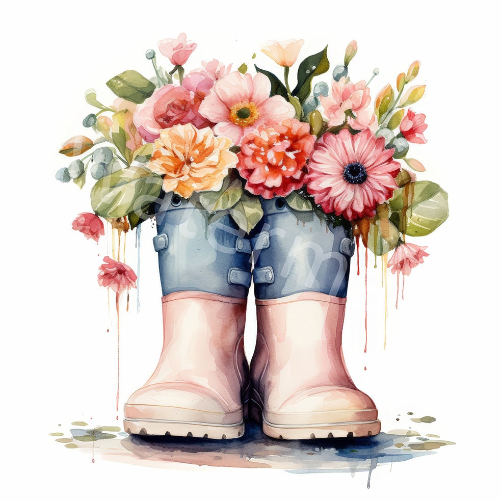Rain Boots With Flowers Watercolor Clipart, 12 Jpg, Digital Download ...