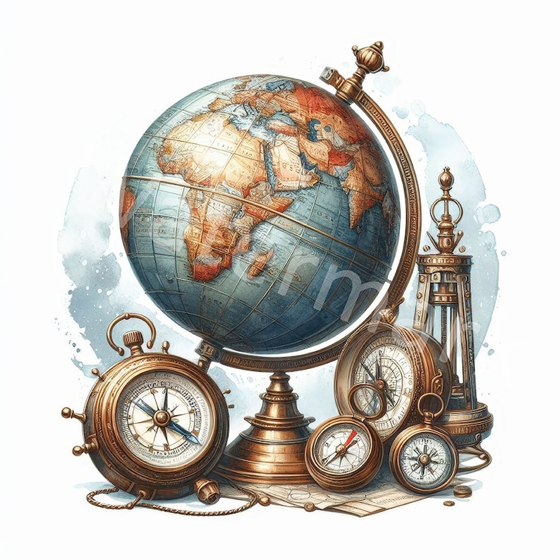 Watercolor Globe Clipart: Compass & Map Graphics (digital Download) - Etsy