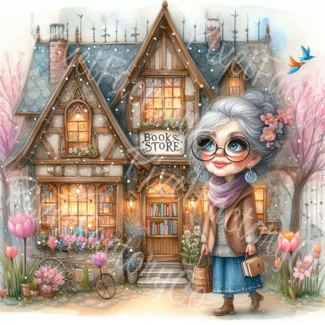 Bookstore Grandma Clipart: Cozy Elderly Woman Art (digital JPG Download ...