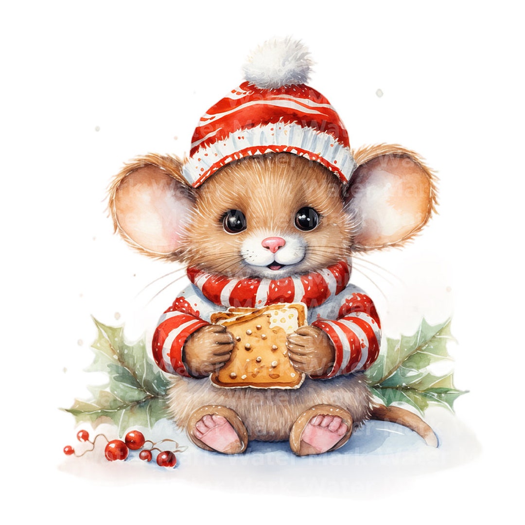 Christmas Mouse Watercolor Clipart: Mistletoe, Cookie (digital Download ...