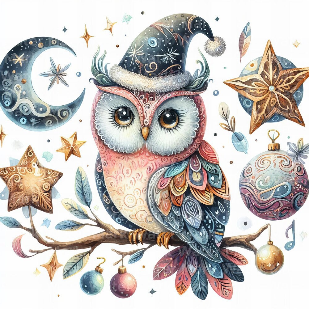 Christmas Owl Watercolor Clipart: Holiday Card Making (digital Download ...