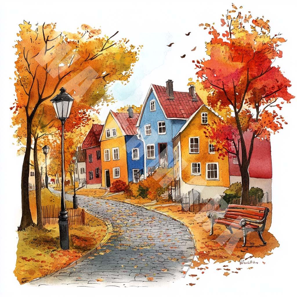 Autumn Street Watercolor Clipart: Fall City Landscape (digital Download ...