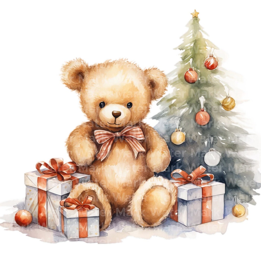Christmas Teddy Bear Clipart, 8 JPG, Watercolor Clipart, Christmas ...