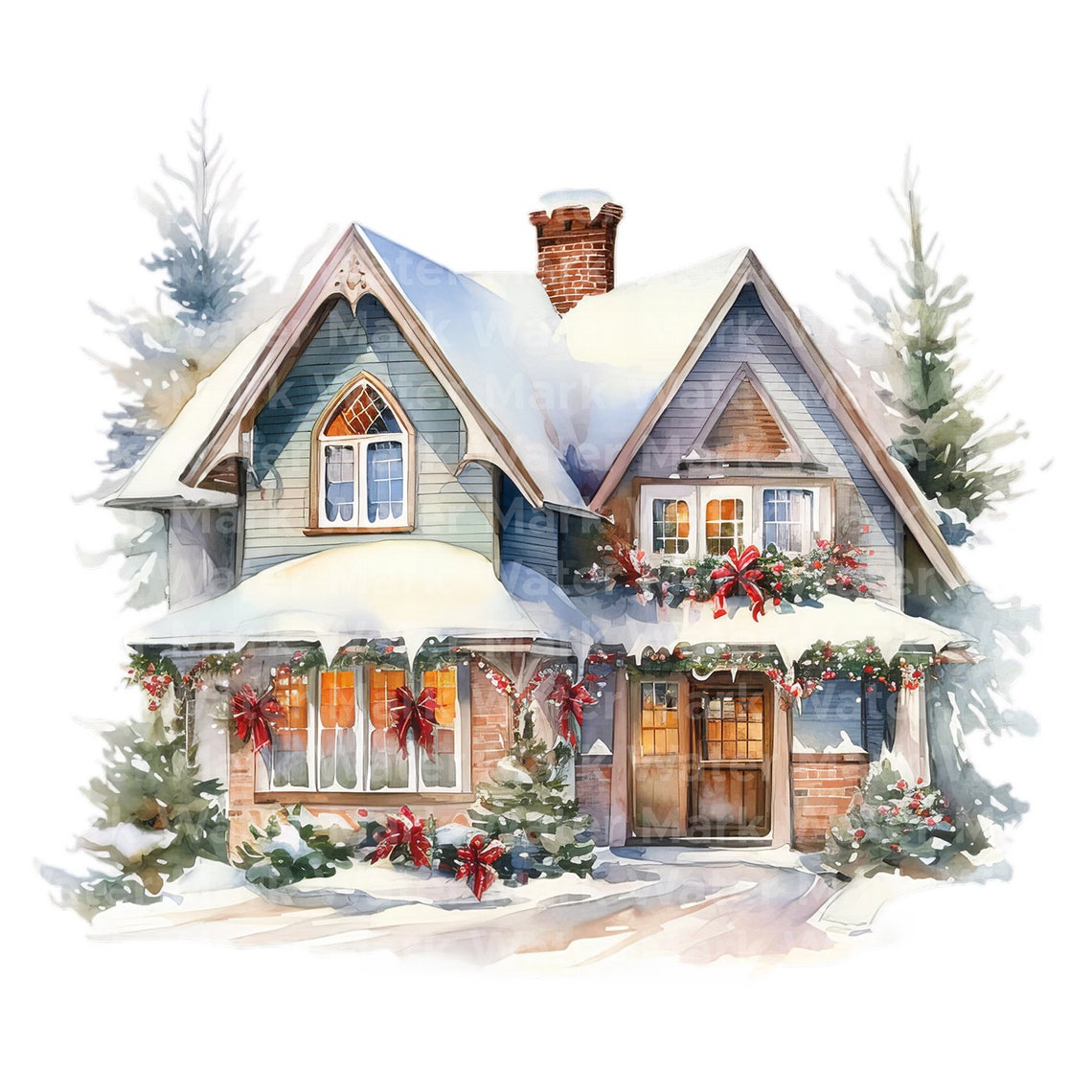 Christmas House Clipart, 9 Jpg, Watercolor Clipart, Christmas Decorated ...