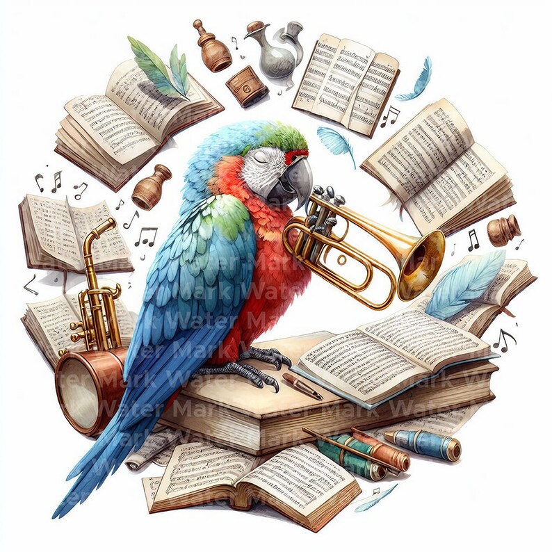 Musical Parrot Clipart: Watercolor Reading Parrot Jpgs (digital ...