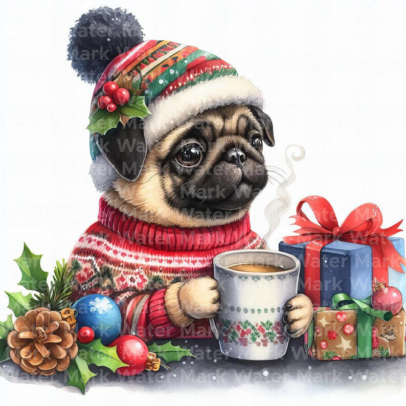 Christmas Dog Pug Clipart 12 Jpg Watercolor Clipart - Etsy