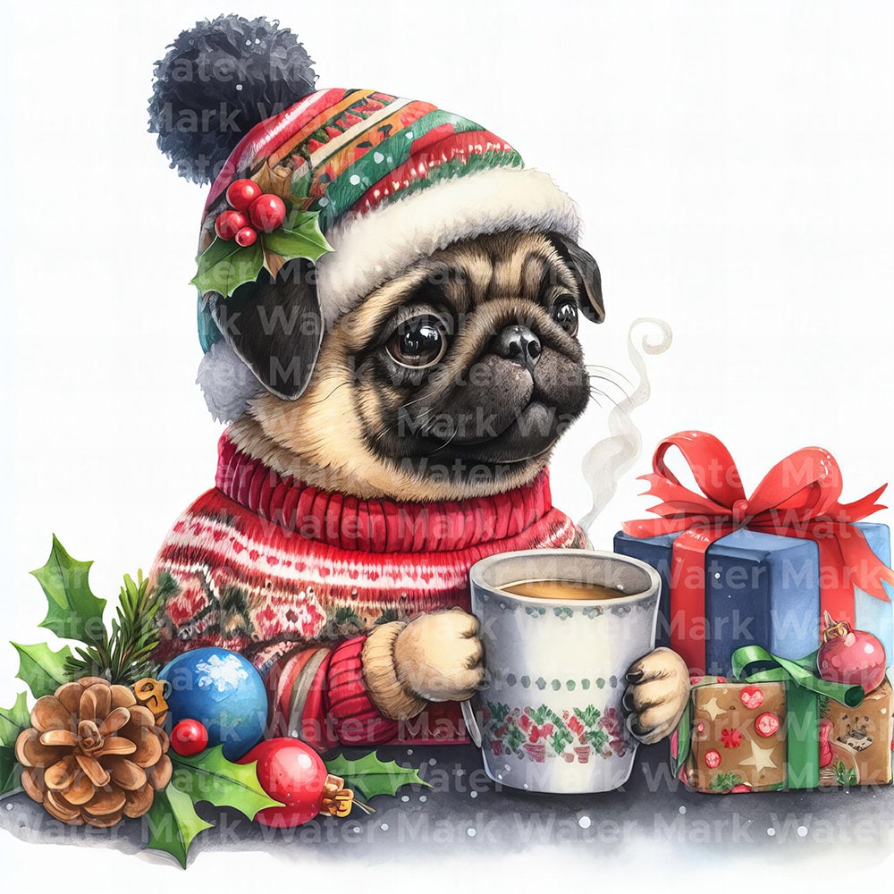 Christmas Dog Pug Clipart 12 Jpg Watercolor Clipart - Etsy