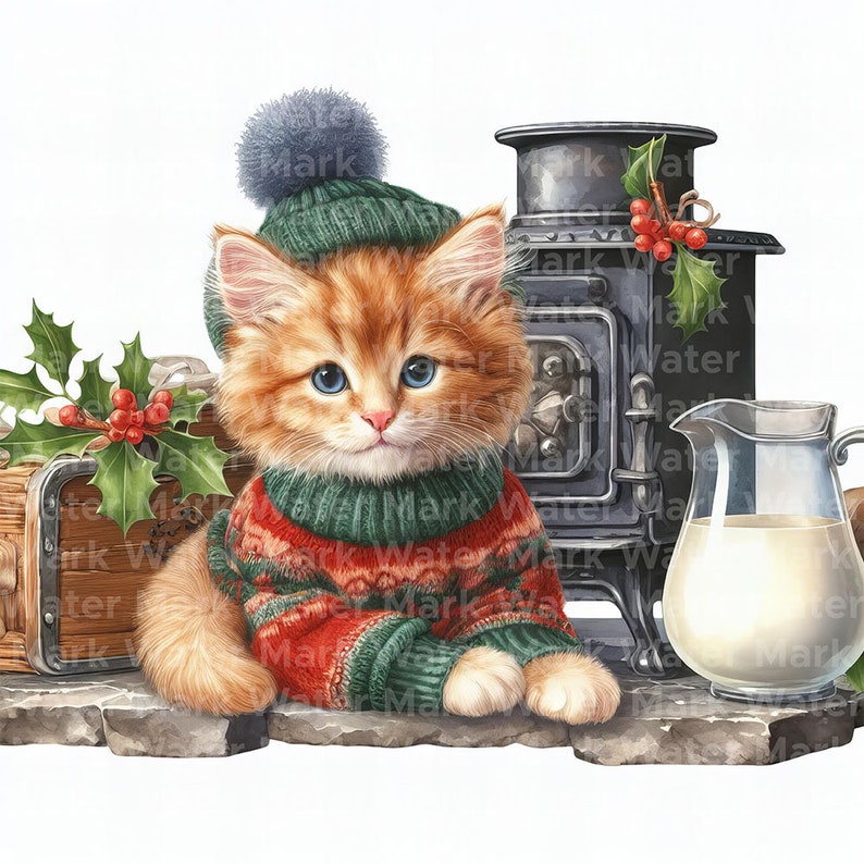 Christmas Cat Watercolor Clipart: Holiday Card Making (digital Download ...