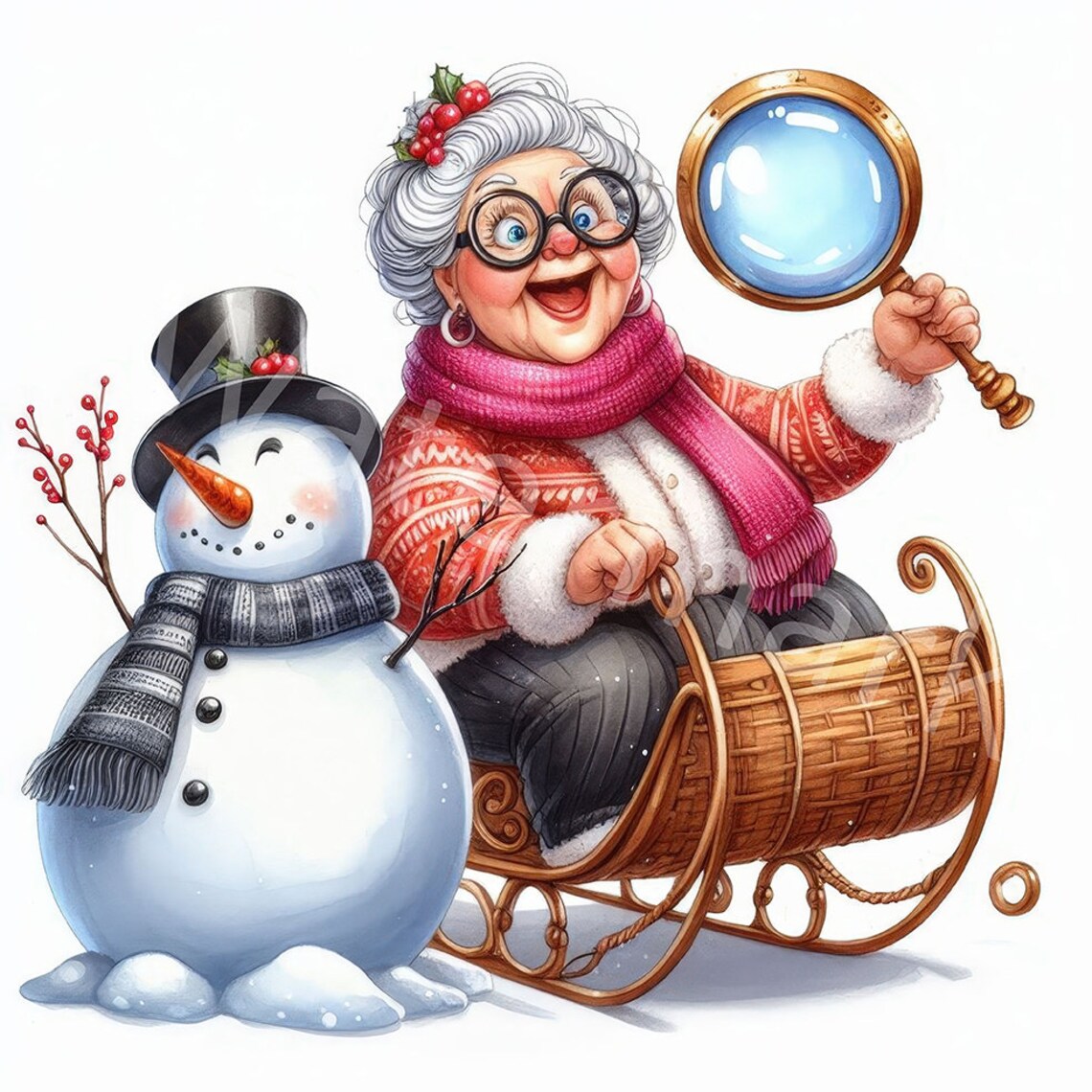 Funny Christmas Old Ladies Clipart: Grandma & Snowman (digital Download ...
