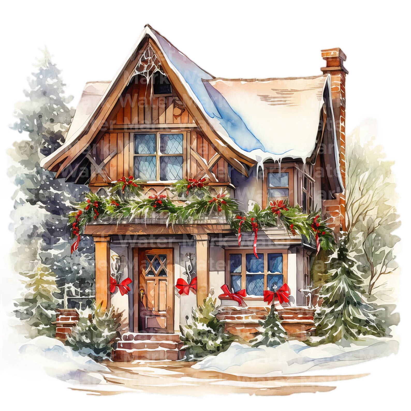 Christmas House Clipart, 9 Jpg, Watercolor Clipart, Christmas Decorated ...