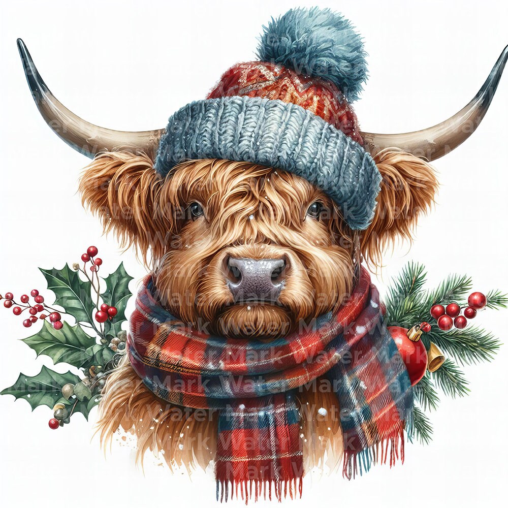 Watercolor Christmas Highland Cow Clipart: Holiday Card Making (digital ...