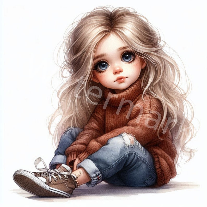 Blonde Little Girl Clipart: Watercolor Child Illustration (digital ...