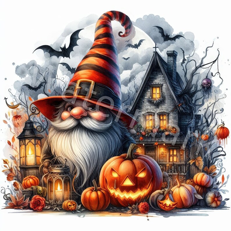 Watercolor Halloween Gnome Clipart: Spooky Graphics (digital Download ...