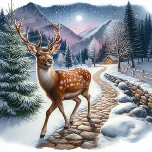 Christmas Reindeer Clipart: Winter Forest Landscape JPG (digital ...