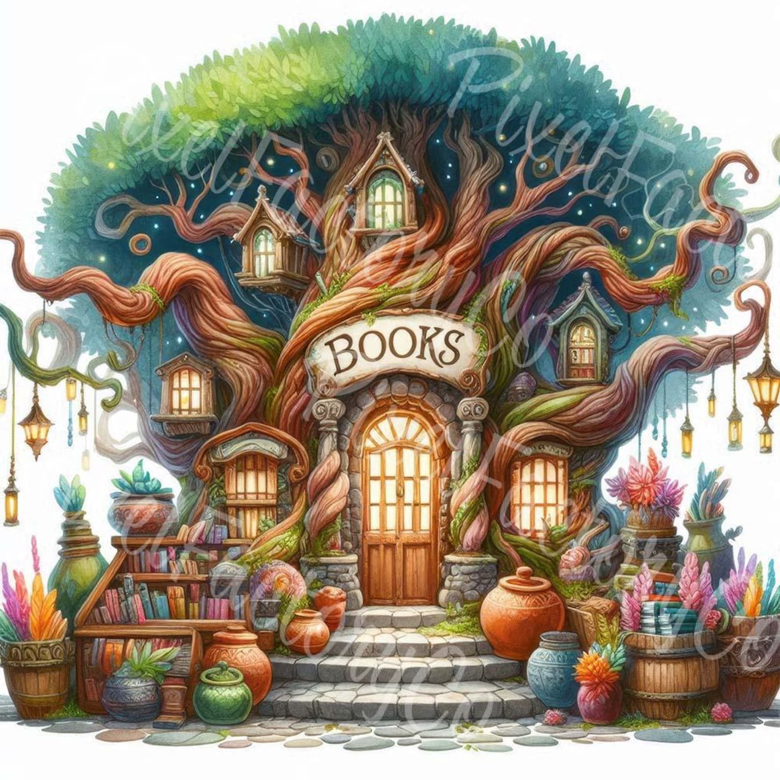 Fairy Tale Bookstore Clipart: Enchanted Library Illustration (JPG ...