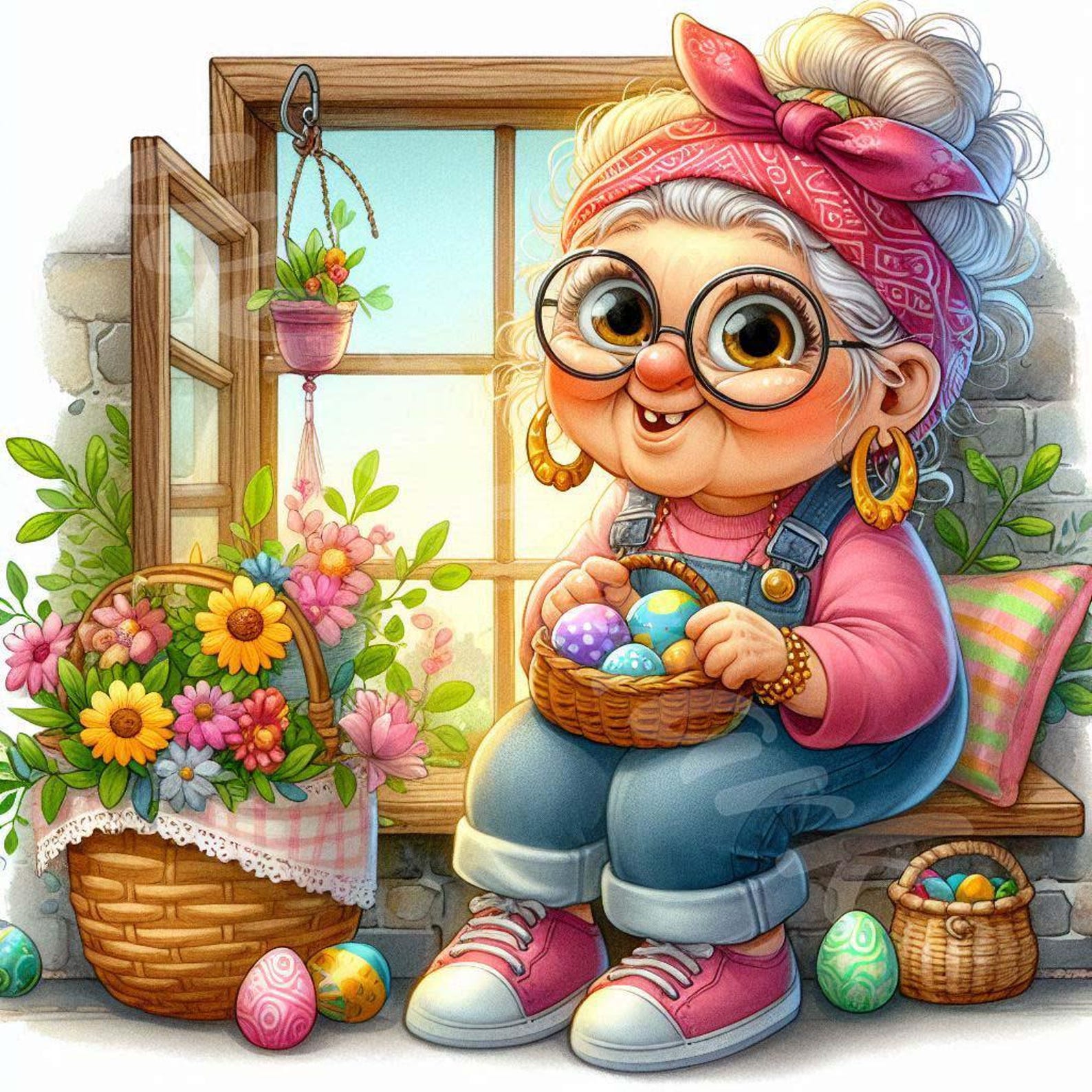 Funny Easter Grandma Clipart: Easter Eggs & Tulips (digital Download ...
