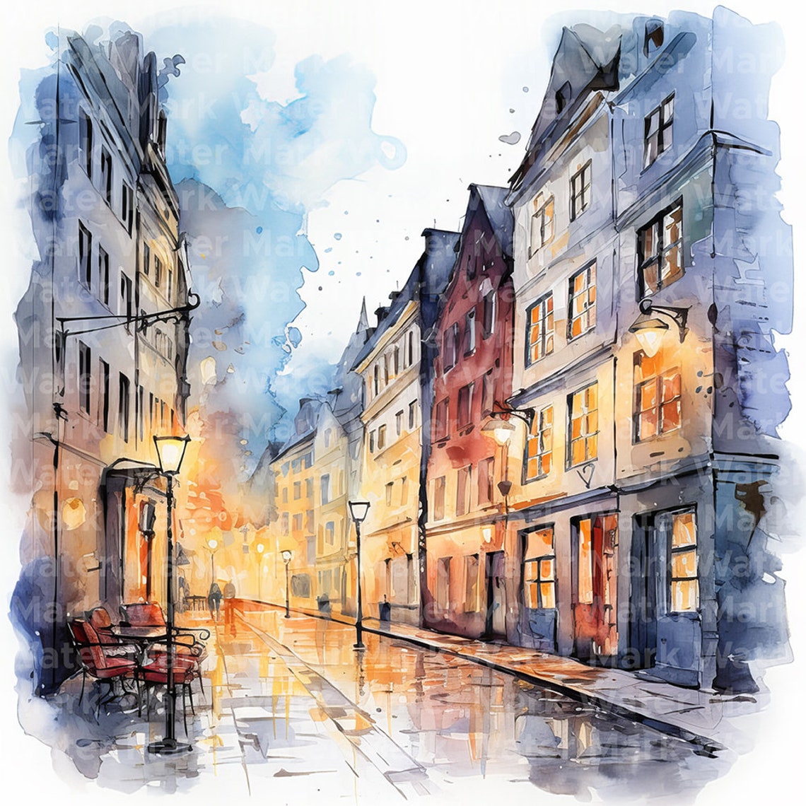 Autumn Street Watercolor Clipart: Fall Landscape Art (digital Download ...