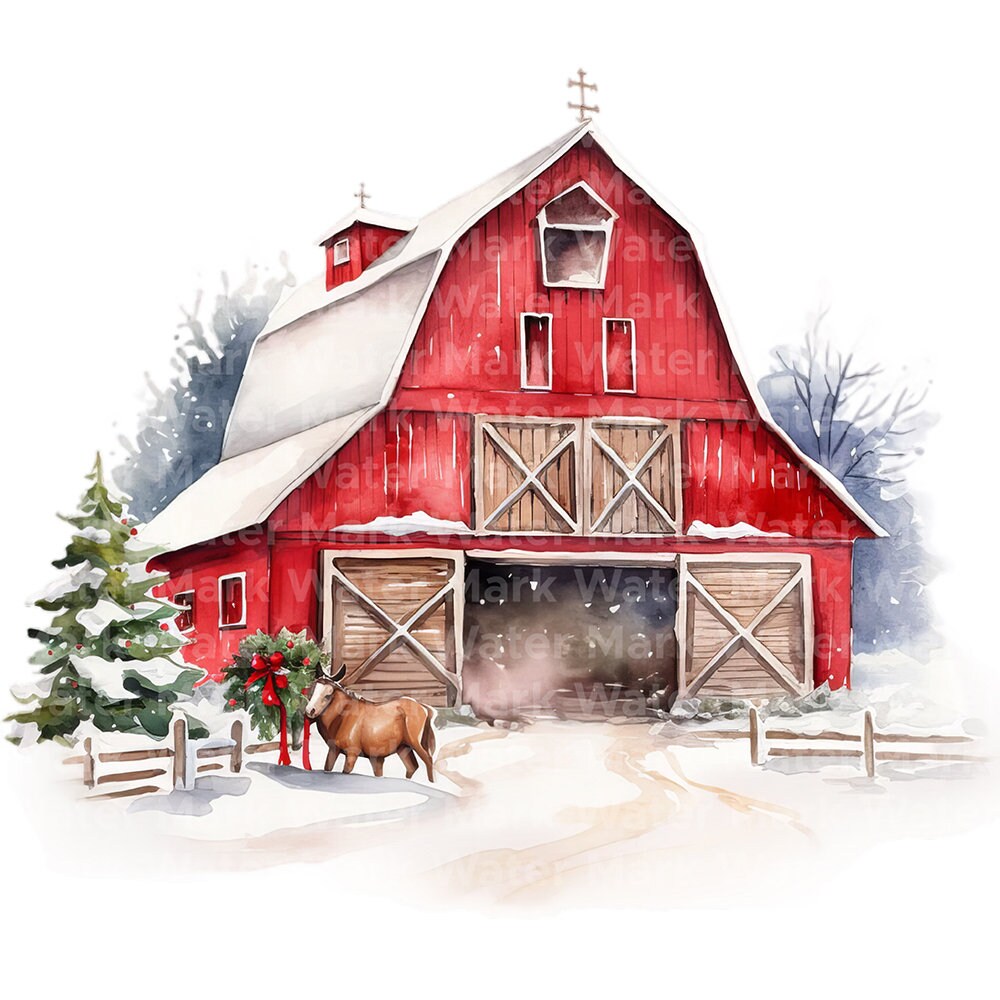 Christmas Barn Watercolor Clipart, 12 JPG, Christmas Clipart, Winter ...
