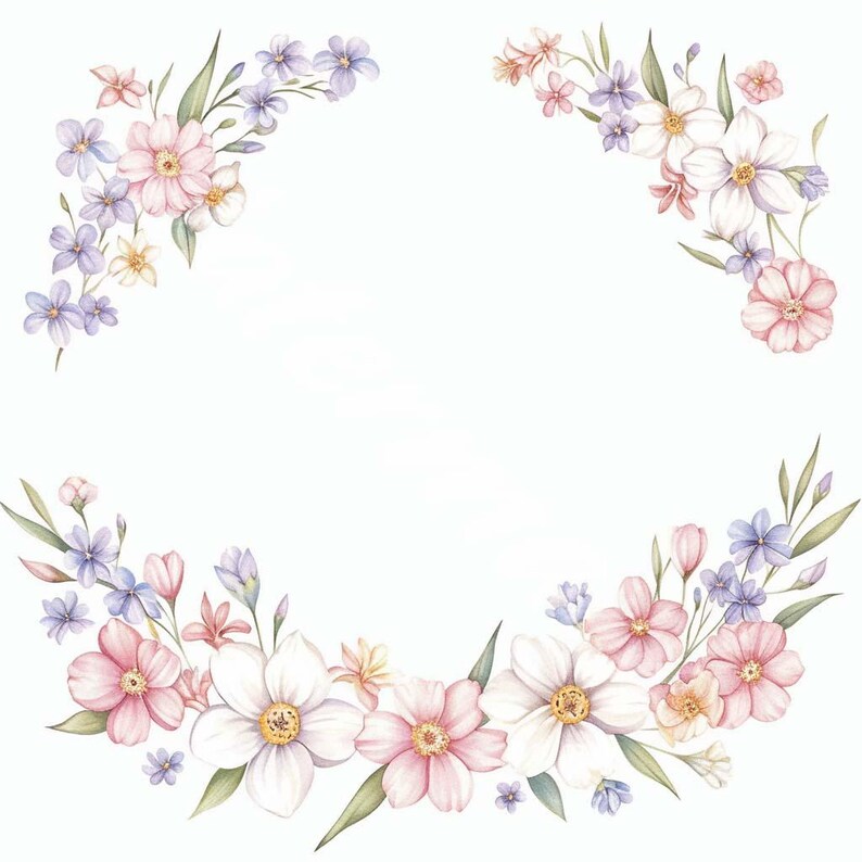 Spring Flower Border Clipart: Watercolor Floral Motifs (digital ...