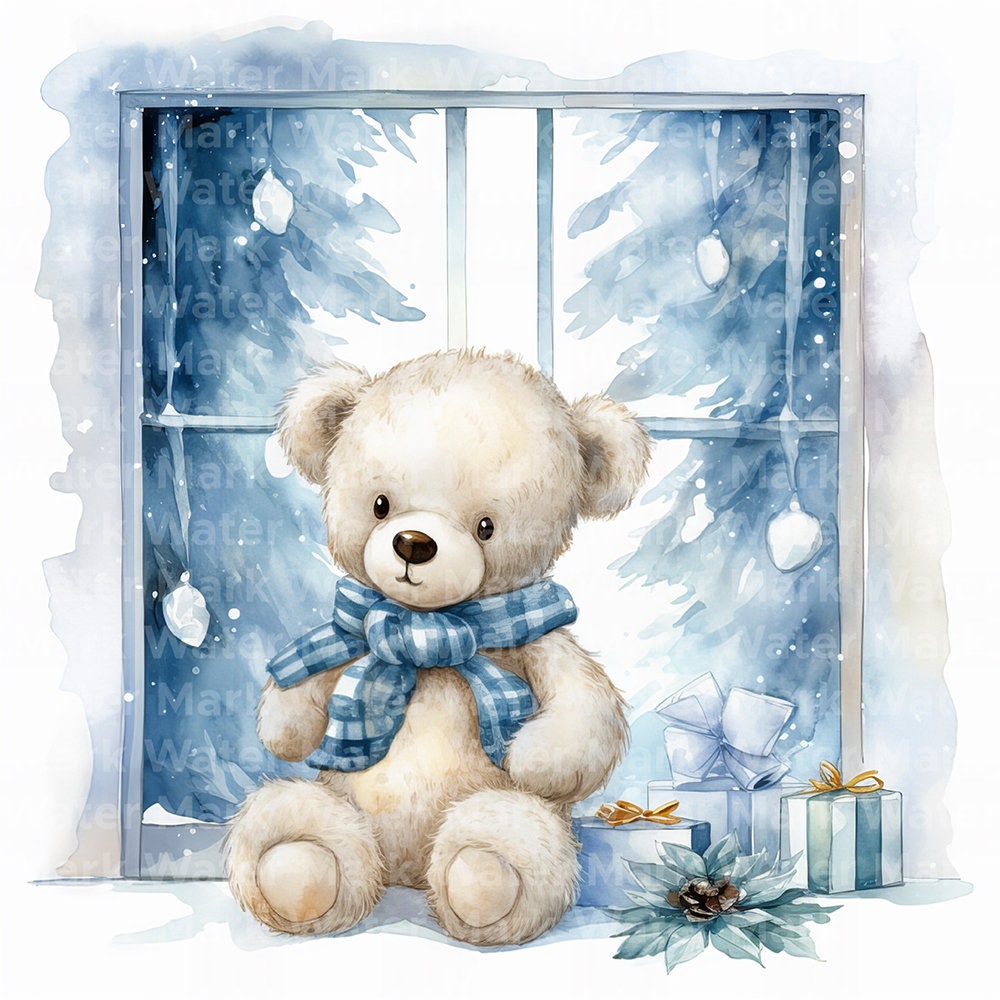 Christmas Teddy Bear Clipart, 12 JPG, Watercolor Clipart, Christmas ...