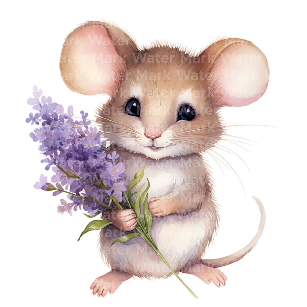 Mouse With Lavender Clipart, 11 Jpg, Watercolor Mouse Clipart, Digital ...